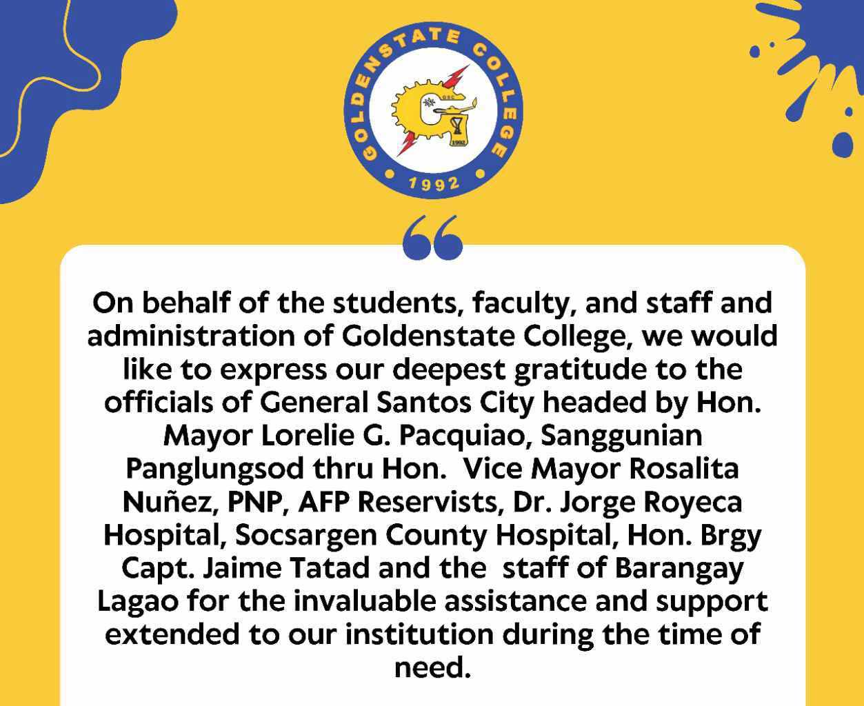 Message of Gratitude of Goldenstate College - Goldenstate College